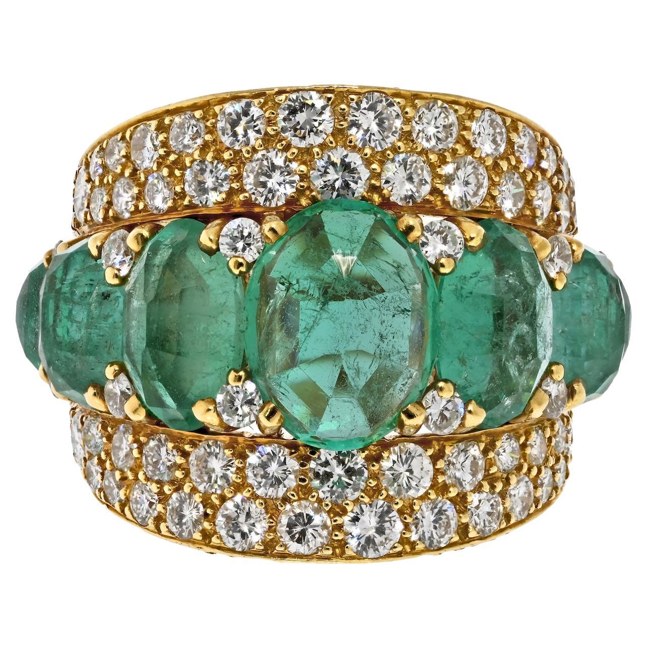 David Webb 18K Yellow Gold Green Emerald And Diamond Cocktail Ring For ...