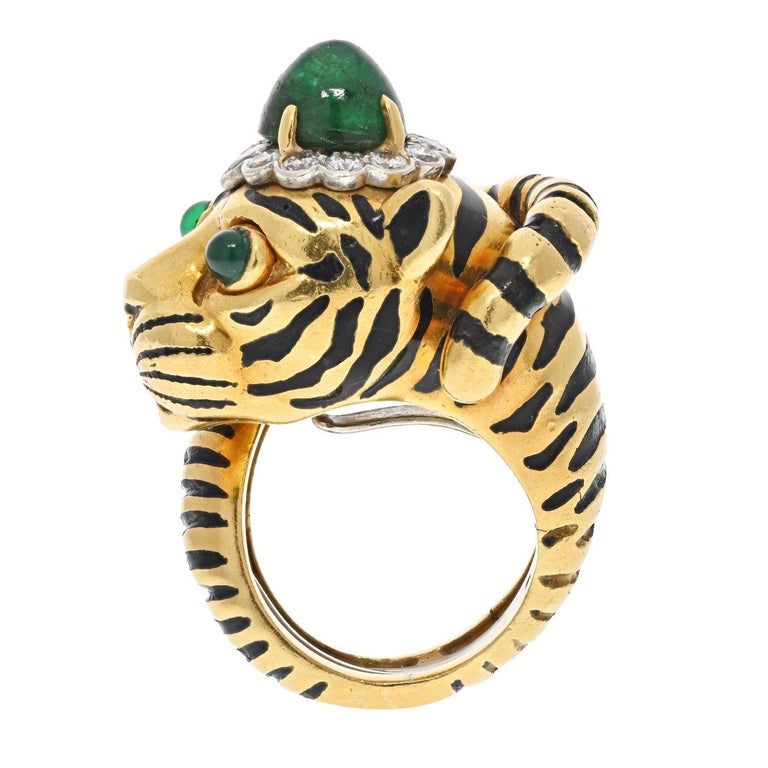 David Webb 18K Yellow Gold Green Emerald Tiger Ring For Sale at 1stDibs