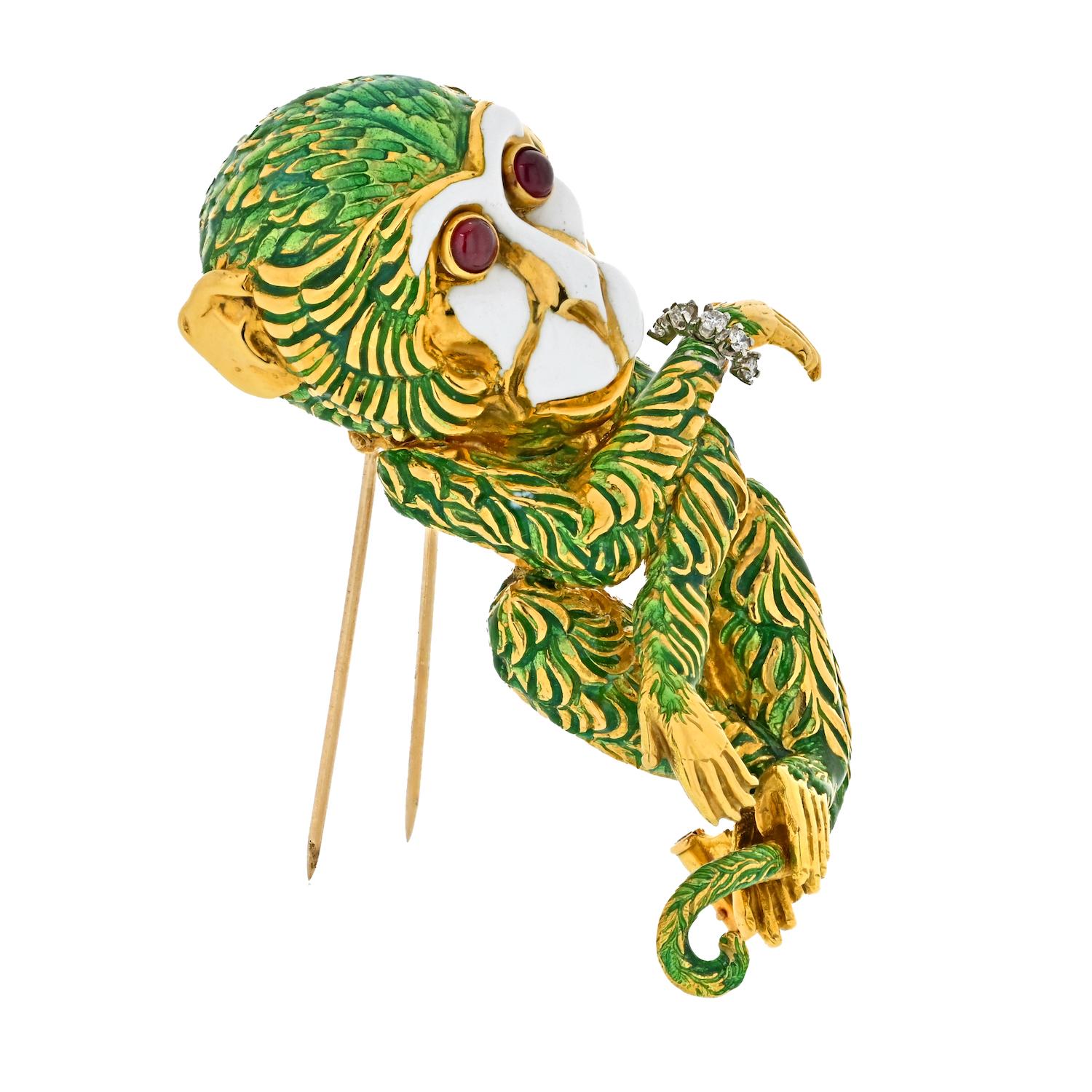 David Webb 18K Yellow Gold Green Enamel Monkey Brooch For Sale at 1stDibs | monkey wearing jewelry