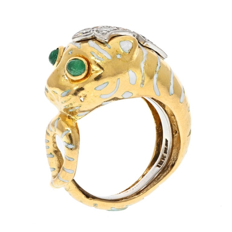 David Webb 18K Yellow Gold Mini Leopard White Enamel Green Eyes Ring ...