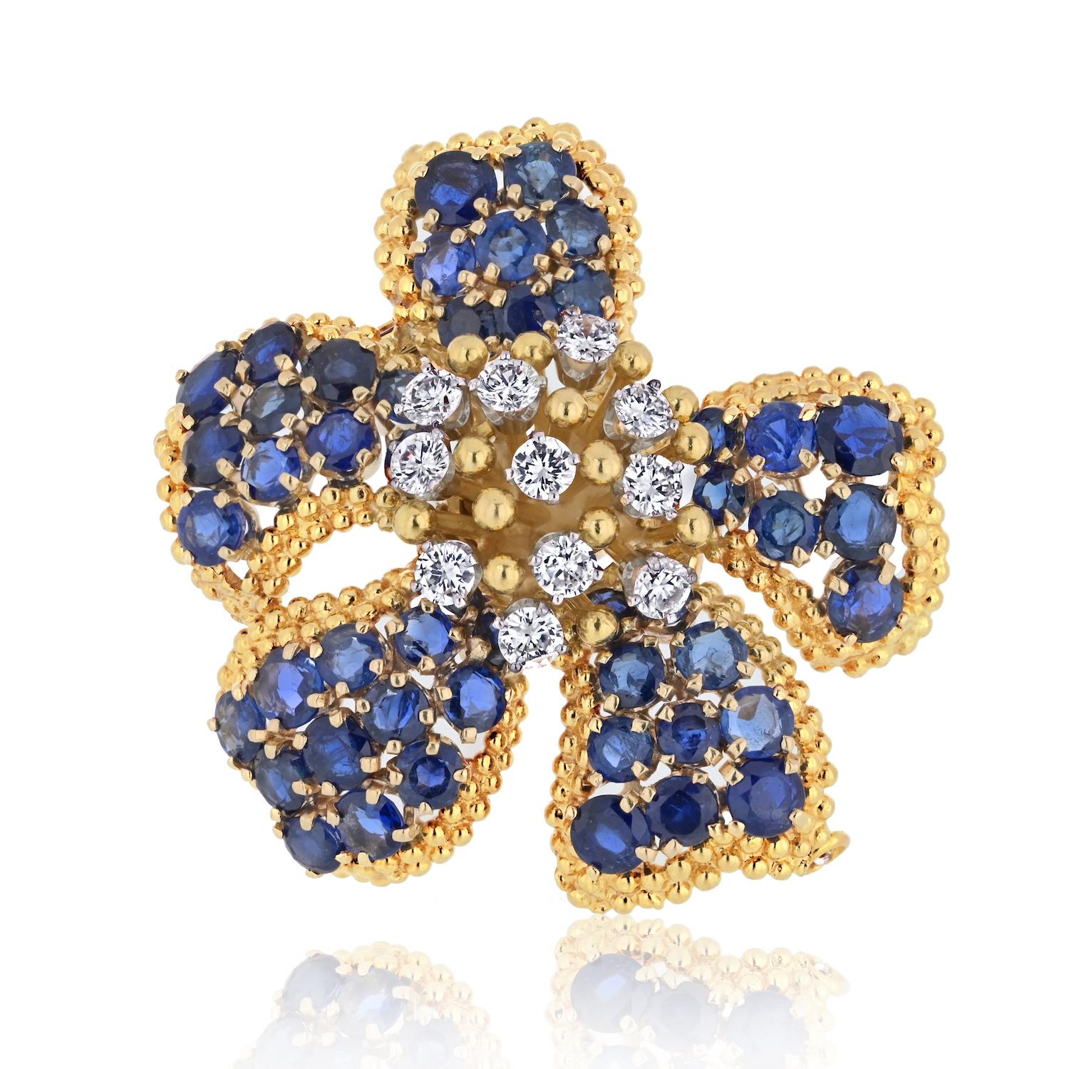 David Webb 18K Yellow Gold Sapphire And Diamond Flower Brooch For Sale ...