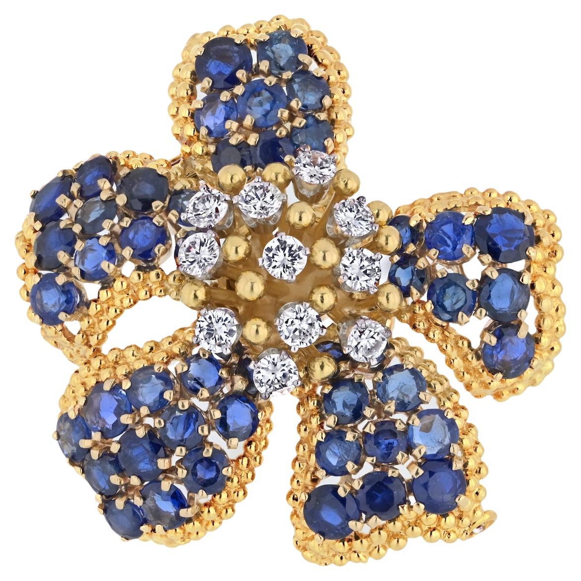 David Webb 18K Yellow Gold Sapphire And Diamond Flower Brooch For Sale ...