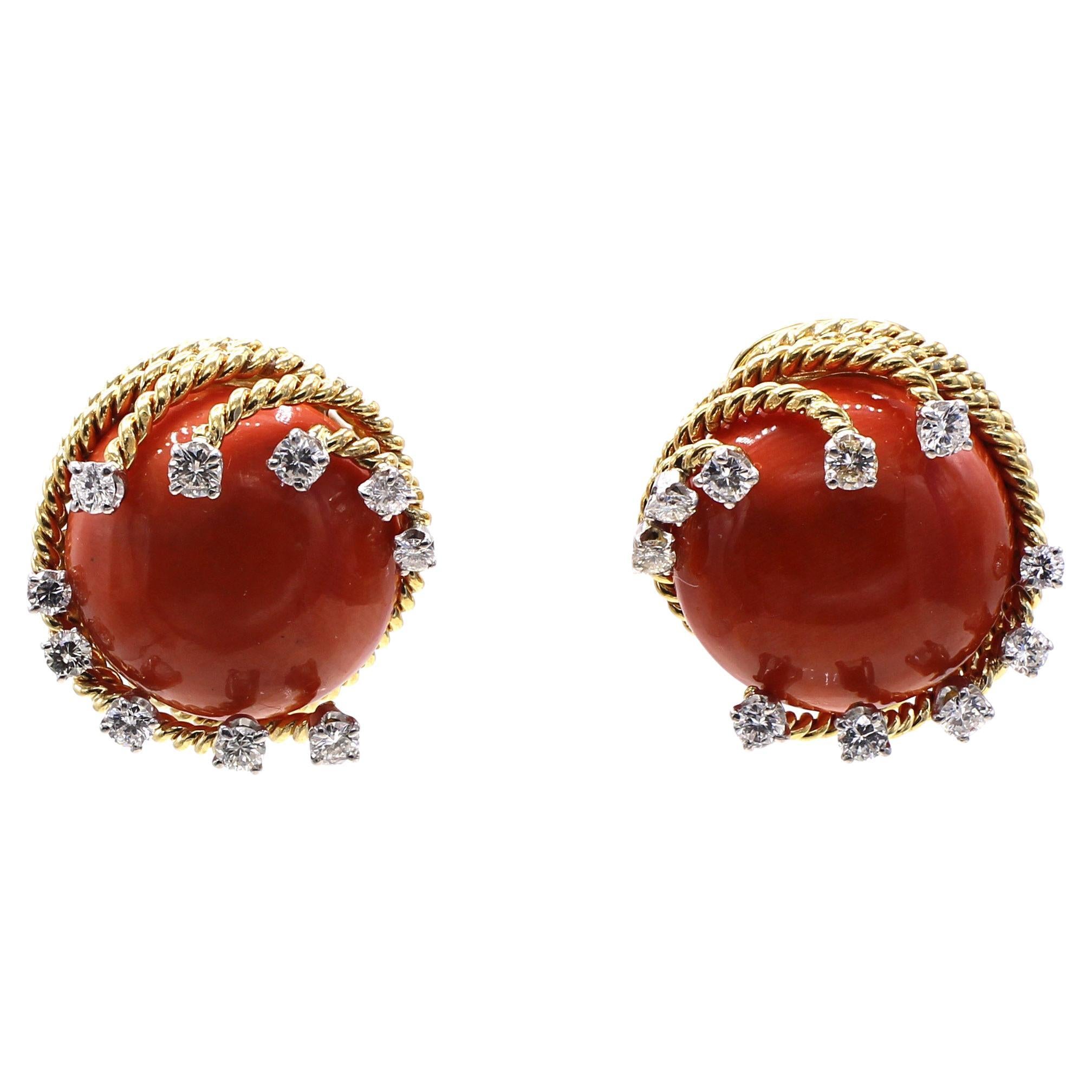 David Webb Coral Diamond Gold Earrings For Sale at 1stDibs
