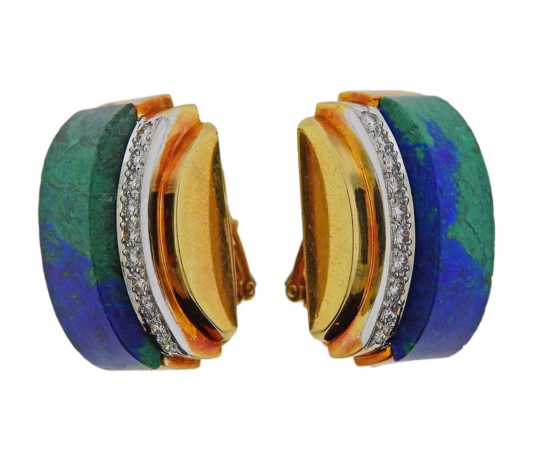 David Webb Azurmalachite Diamond Gold Platinum Earrings at 1stDibs