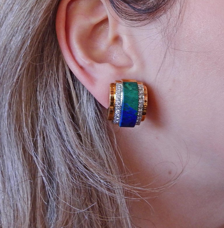 David Webb Azurmalachite Diamond Gold Platinum Earrings at 1stDibs