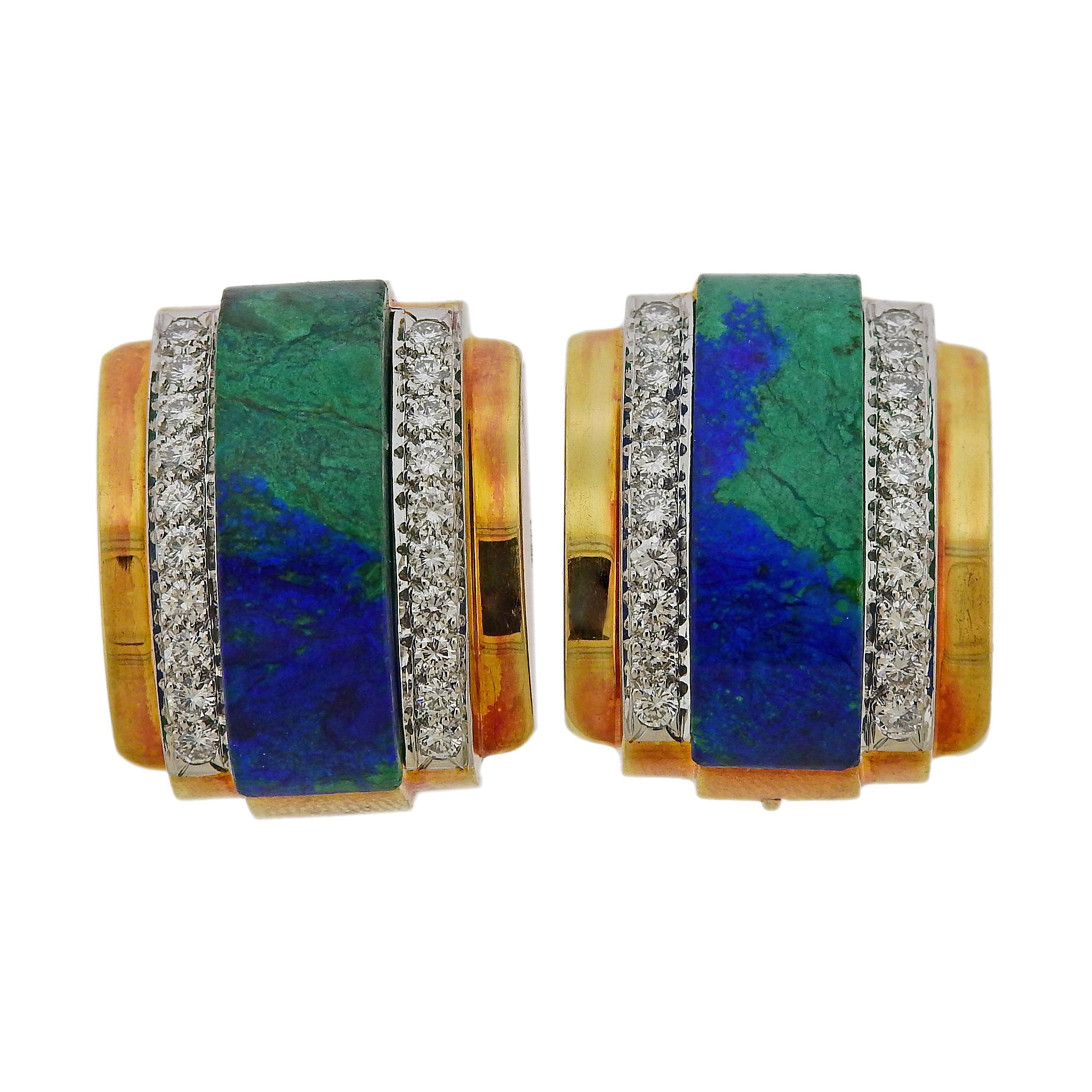 David Webb Azurmalachite Diamond Gold Platinum Earrings at 1stDibs