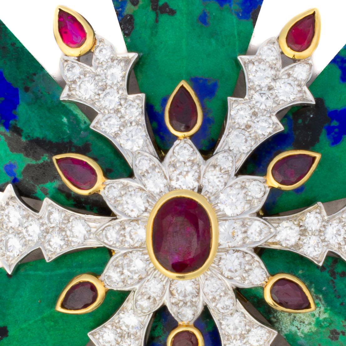 David Webb Azurmalachite, Ruby, and Diamond Maltese Cross Brooch For ...