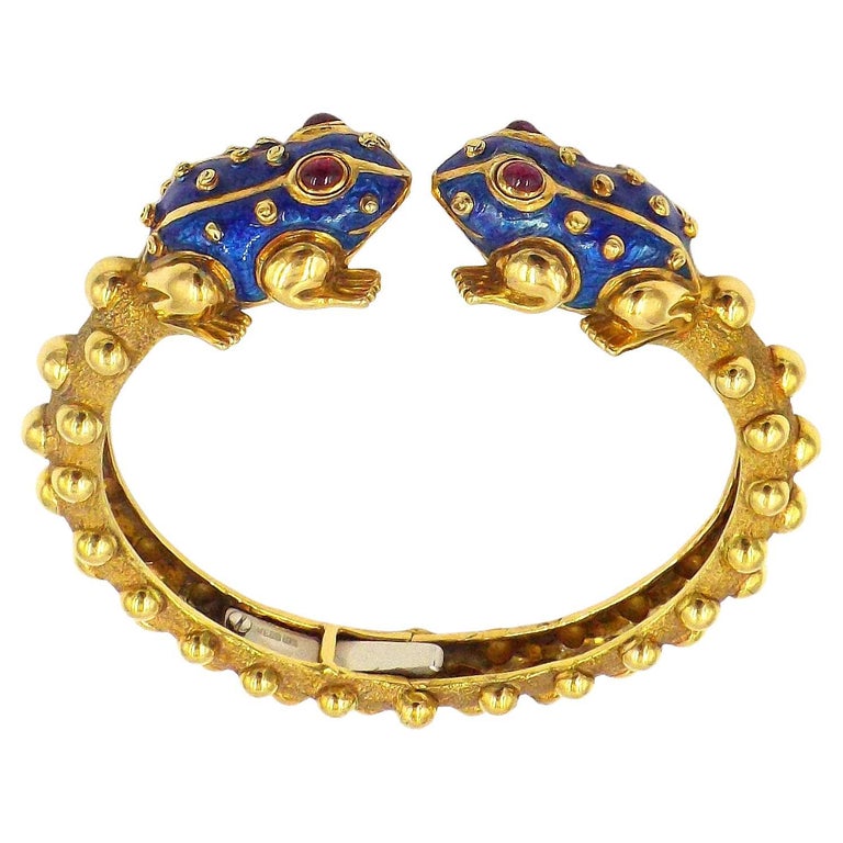 David Webb Baby Frog 18K Yellow Gold Ruby Royal Blue Enamel Bangle ...