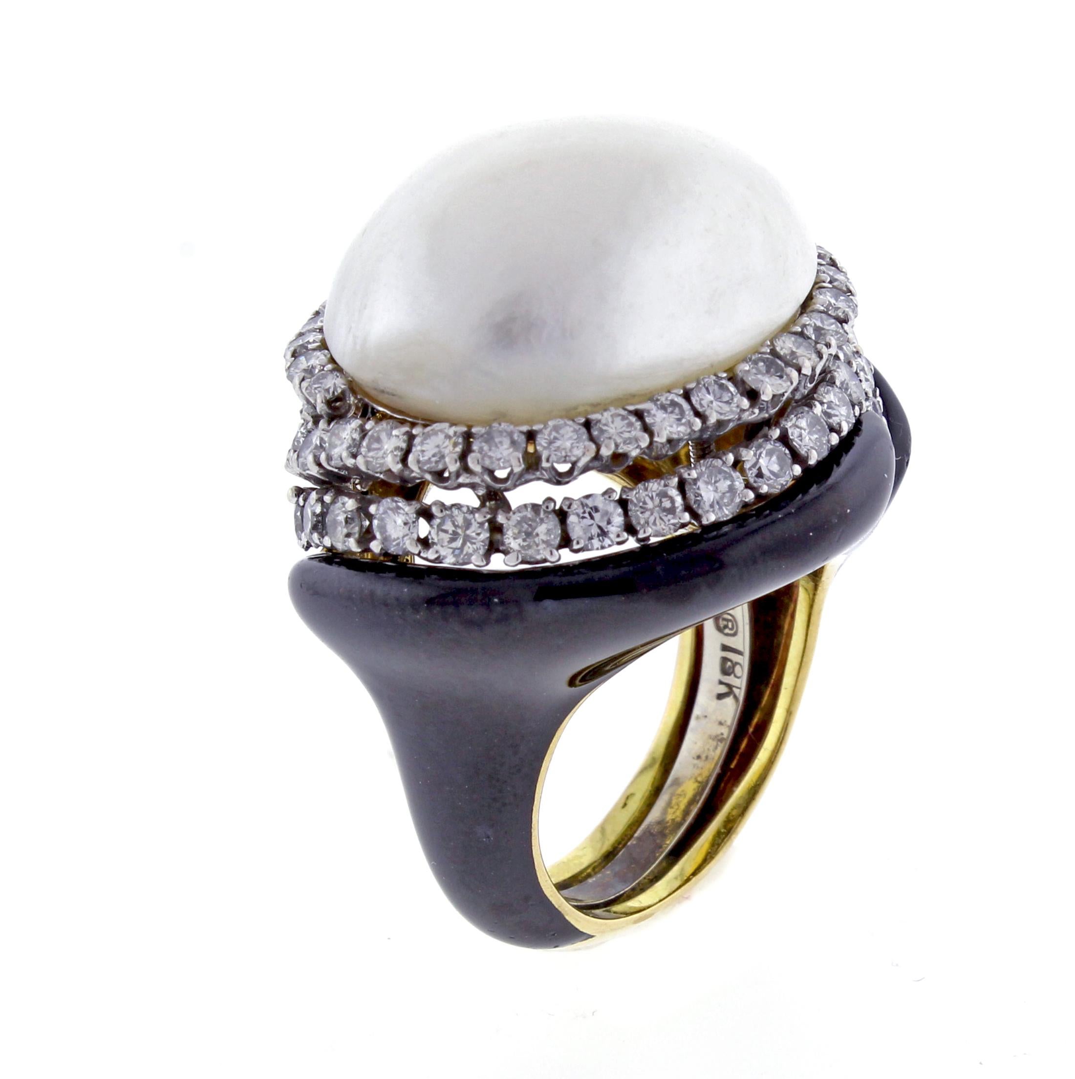 David Webb Black Enamel Mabé Pearl and Diamond Ring at 1stDibs | david ...