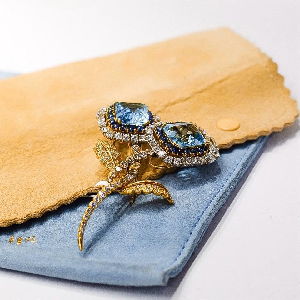 David Webb Blue Aquamarine Cabochon Sapphires Diamond Brooch Pin Also ...