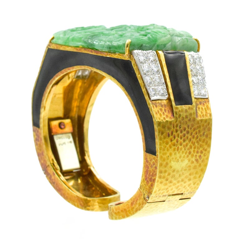 David Webb Carved Jade, Black Enamel and Diamond Cuff at 1stDibs