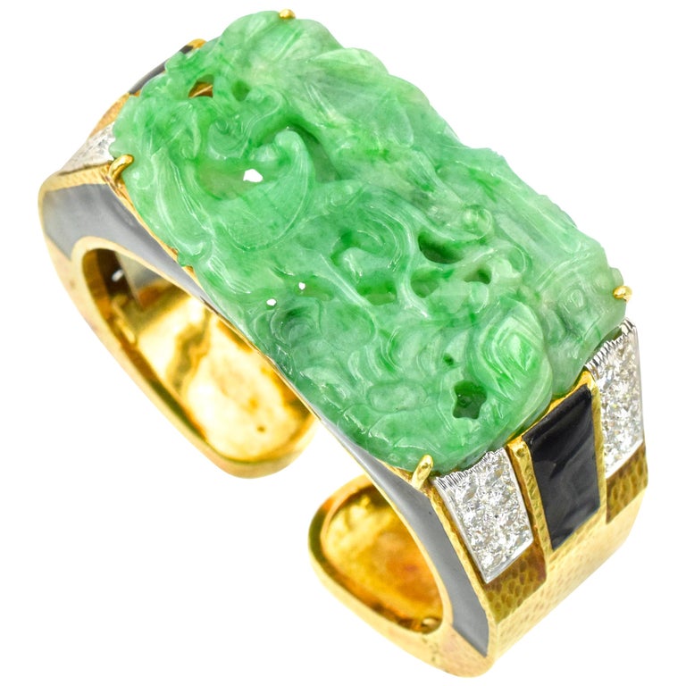 David Webb Carved Jade, Black Enamel and Diamond Cuff at 1stDibs