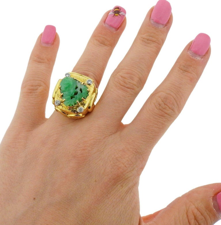 David Webb Carved Jade Diamond Cocktail Ring at 1stDibs