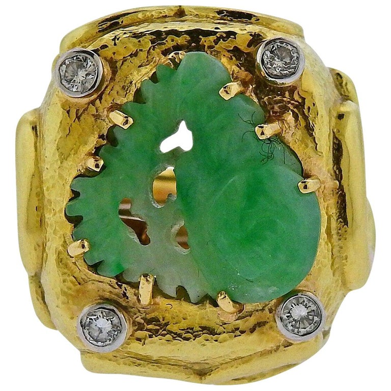 David Webb Carved Jade Diamond Cocktail Ring at 1stDibs