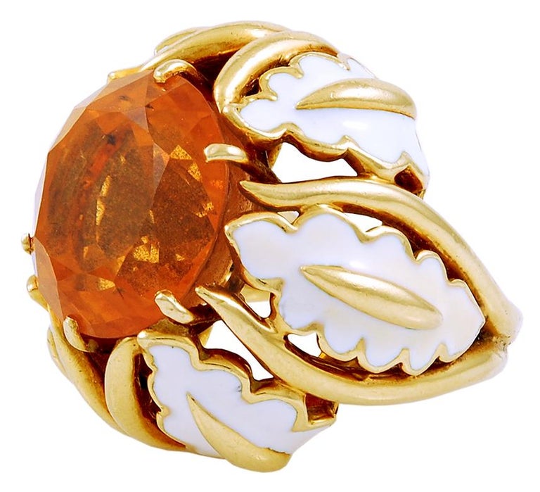 David Webb Citrine, White Enamel Ear Clips and Ring at 1stDibs