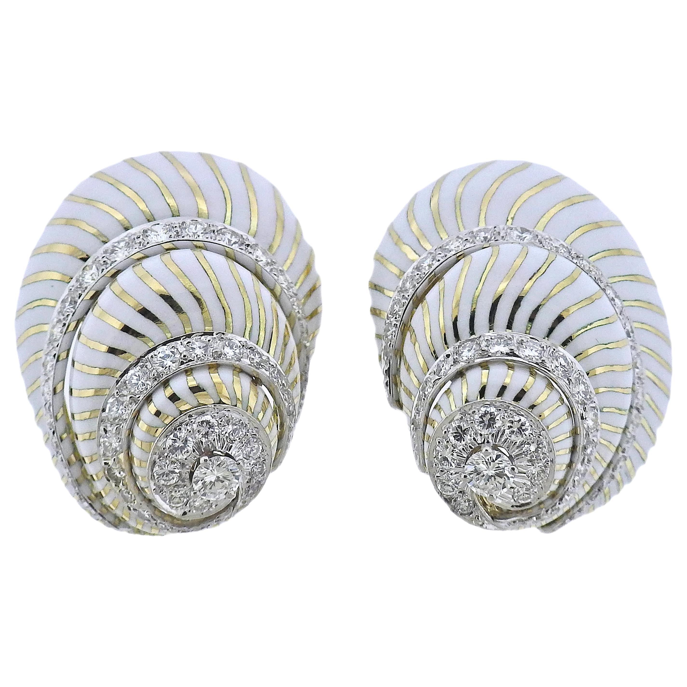 Tiffany and Co. Schlumberger Enamel Diamond Shell Earrings For Sale at ...