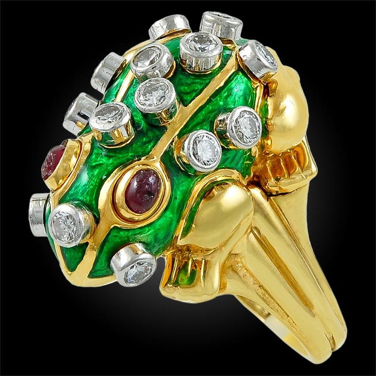 David Webb Diamond Ruby Green Enamel Yellow Gold Frog Ring For Sale at ...