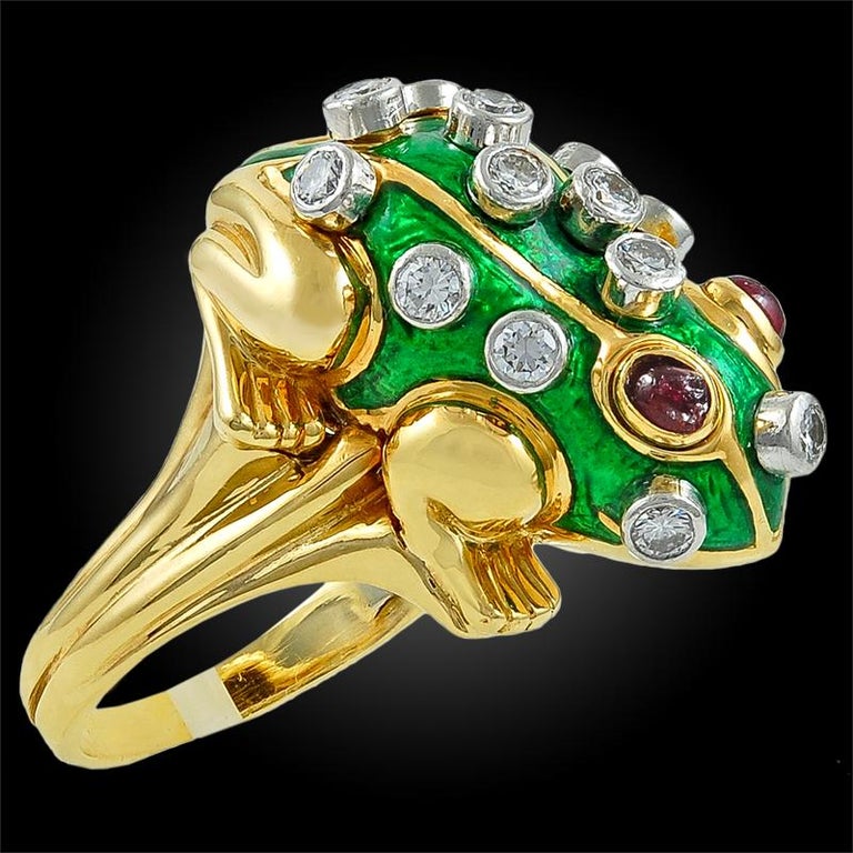 David Webb Diamond Ruby Green Enamel Yellow Gold Frog Ring For Sale at ...
