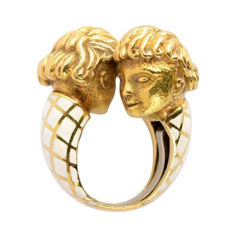 David Webb Enamel and Yellow Gold Heads Bypass Ring For Sale at 1stDibs