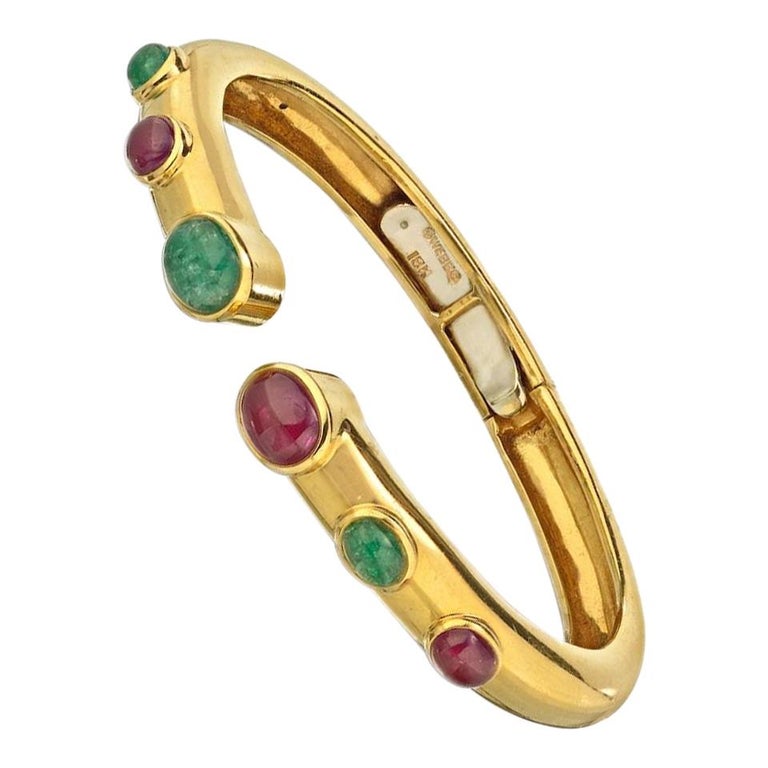 David Webb Gold Cabochon Ruby and Emerald Bangle Bracelet at 1stDibs
