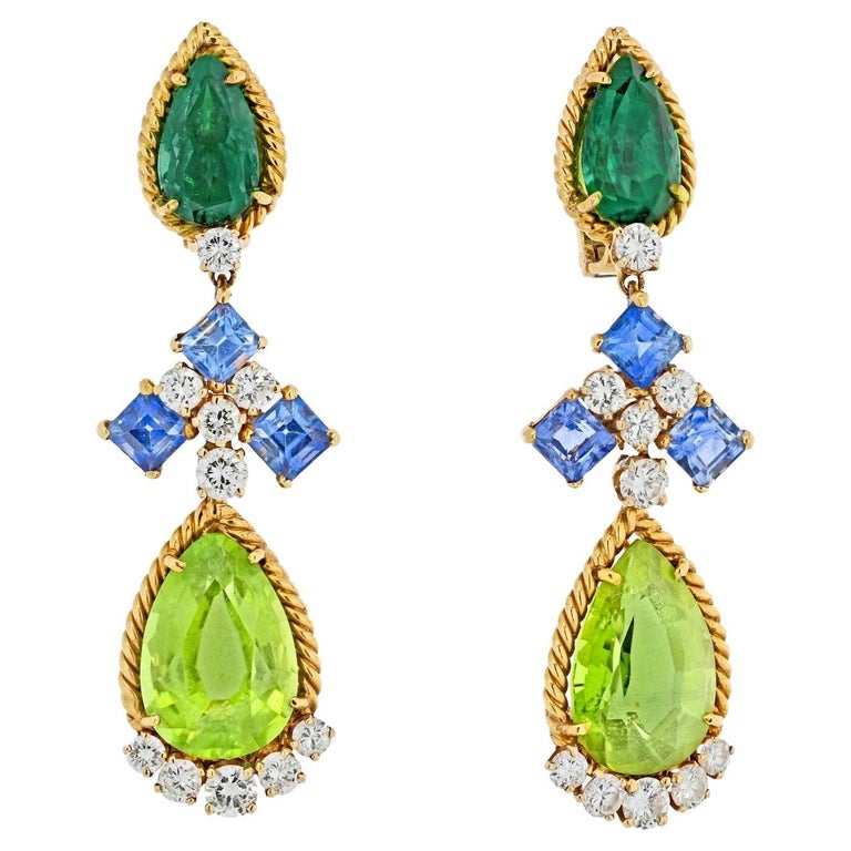 David Webb Gold Pair of Peridot, Tourmaline, Sapphire and Diamond Clip ...