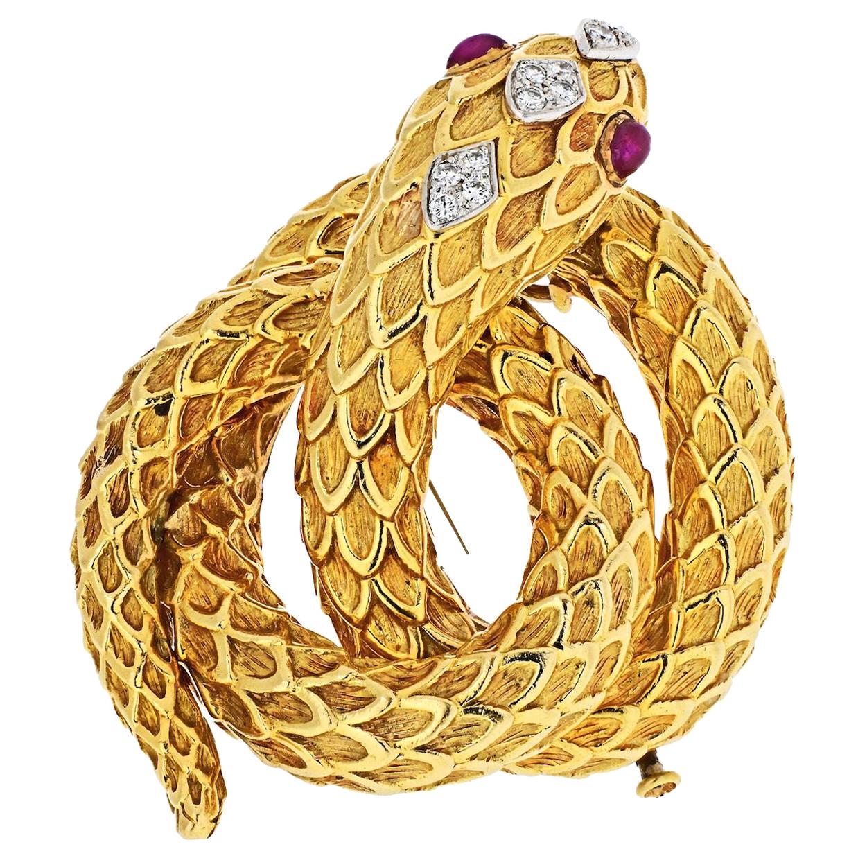 David Webb Gold Serpent with Diamonds and Rubies Brooch at 1stDibs