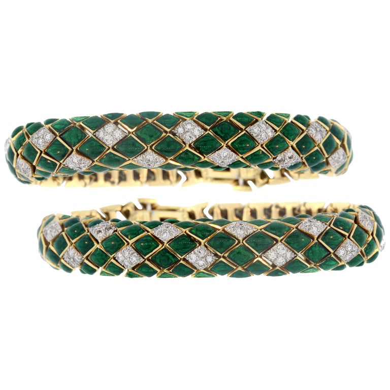 David Webb Green Enamel Diamond 18 Karat Gold Snake Two Bracelets Set ...