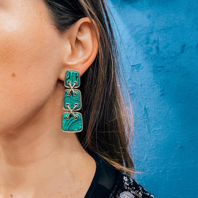 David Webb Green Malachite Cross Stitch Drop Earrings For Sale at ...