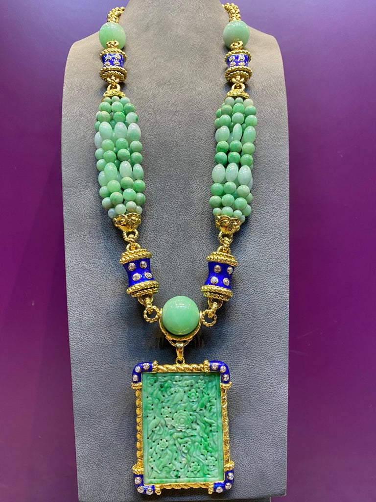 David Webb Jade, Diamond and Enamel Necklace For Sale at 1stDibs