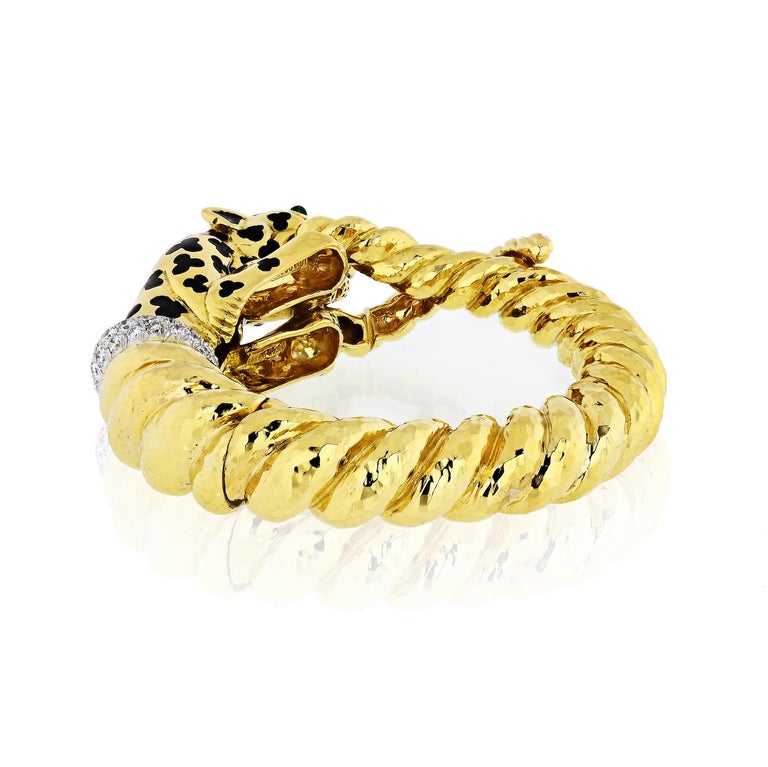 David Webb Leopard 18 Karat Yellow Gold Spotted Bangle Diamond Bracelet ...