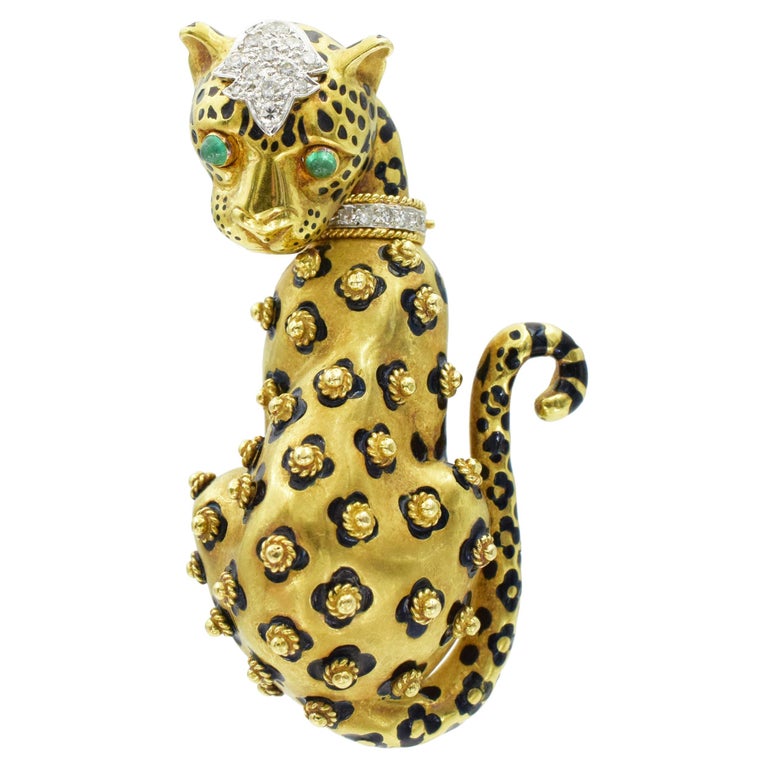 David Webb Leopard Brooch Gold, Diamond, Enamel, and Emerald For Sale ...
