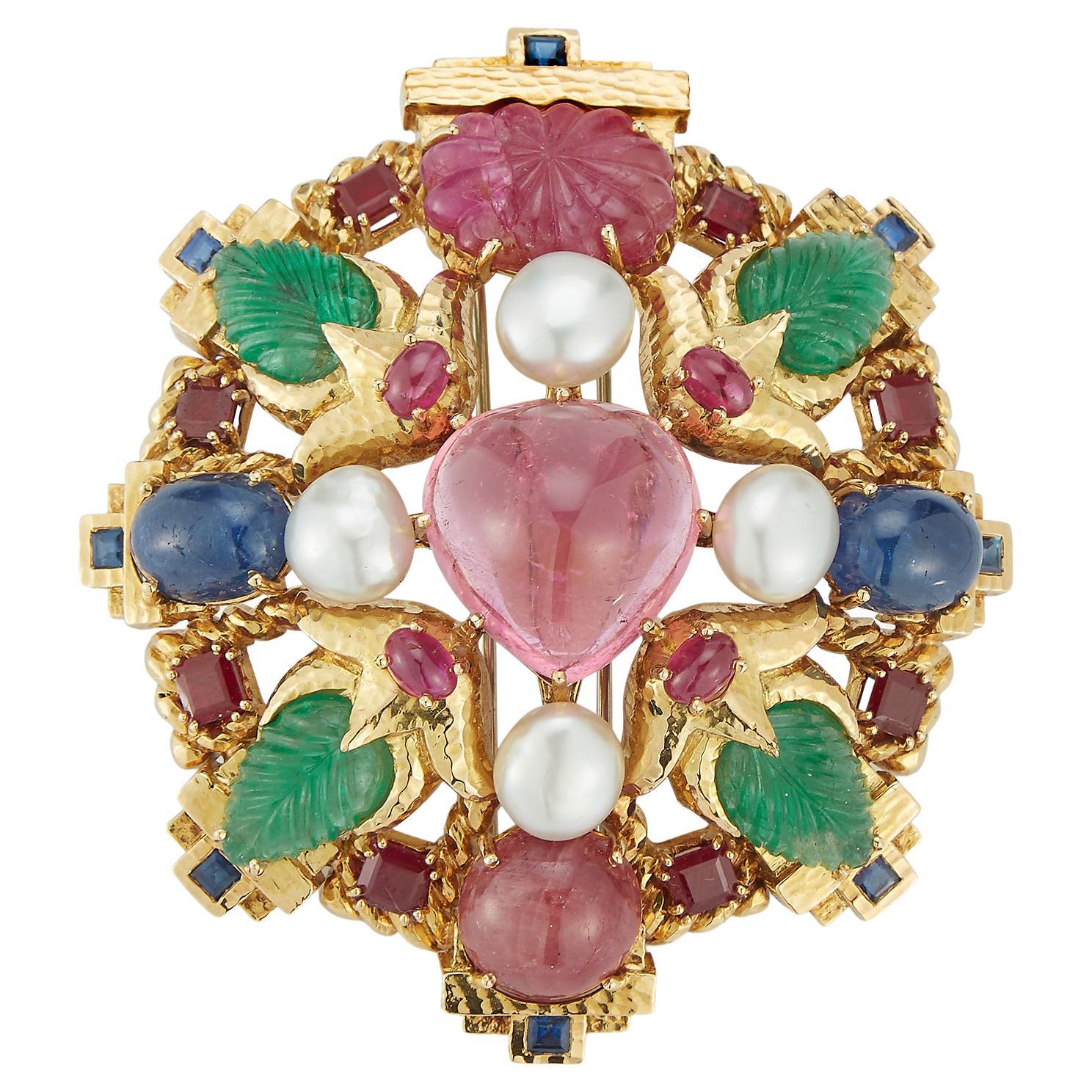 David Webb Turquoise Sapphire and Diamond Brooch at 1stDibs