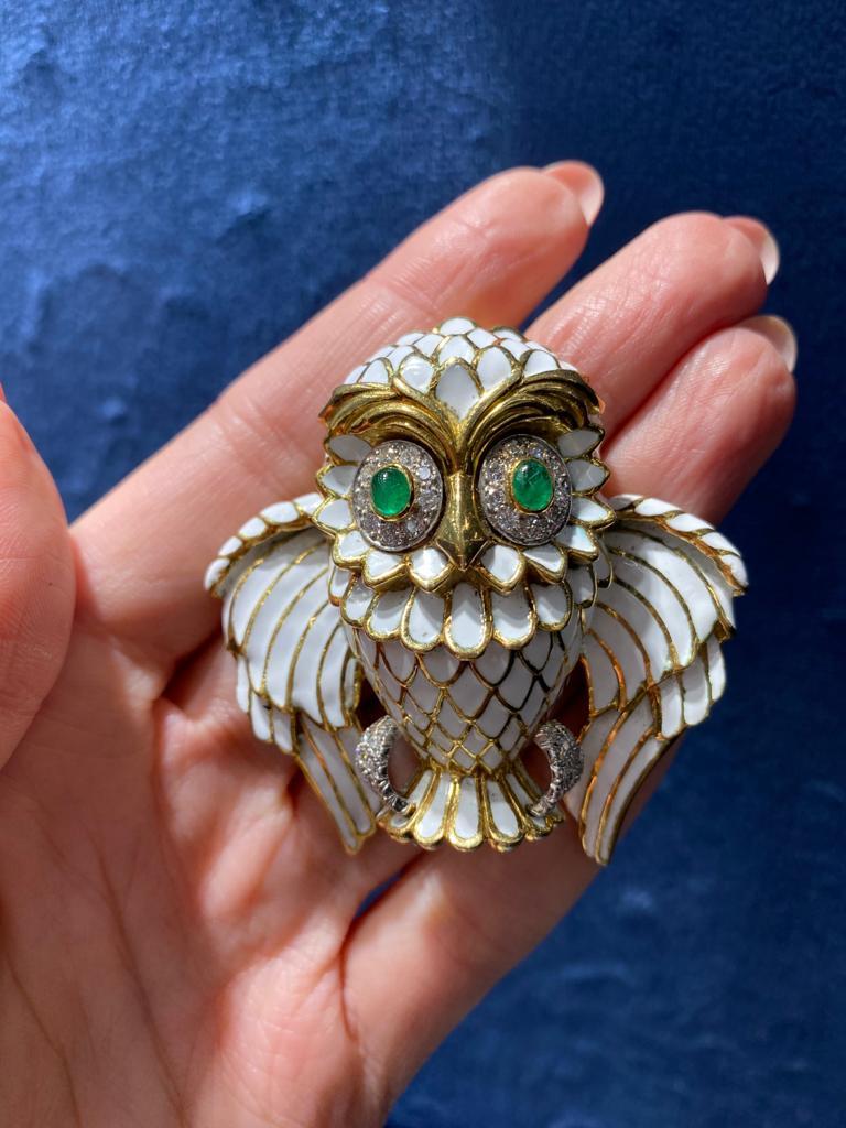 David Webb 18K Yellow Gold White Enamel Owl Diamond And Green Emerald ...