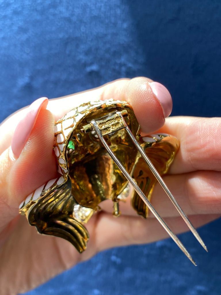 David Webb 18K Yellow Gold White Enamel Owl Diamond And Green Emerald ...