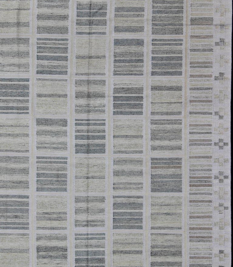 Neutral Stripe Pattern Modern Scandinavian Flat-Weave Rug in Shades of ...