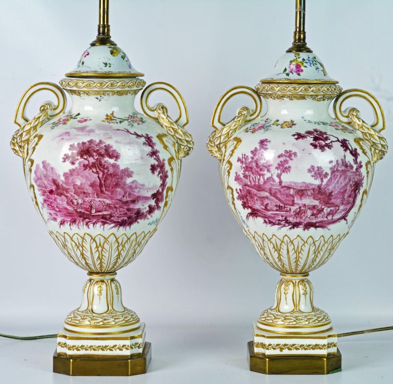 Pair of 19th Century French Old Paris Puce Camaieu Decorated Urns and ...