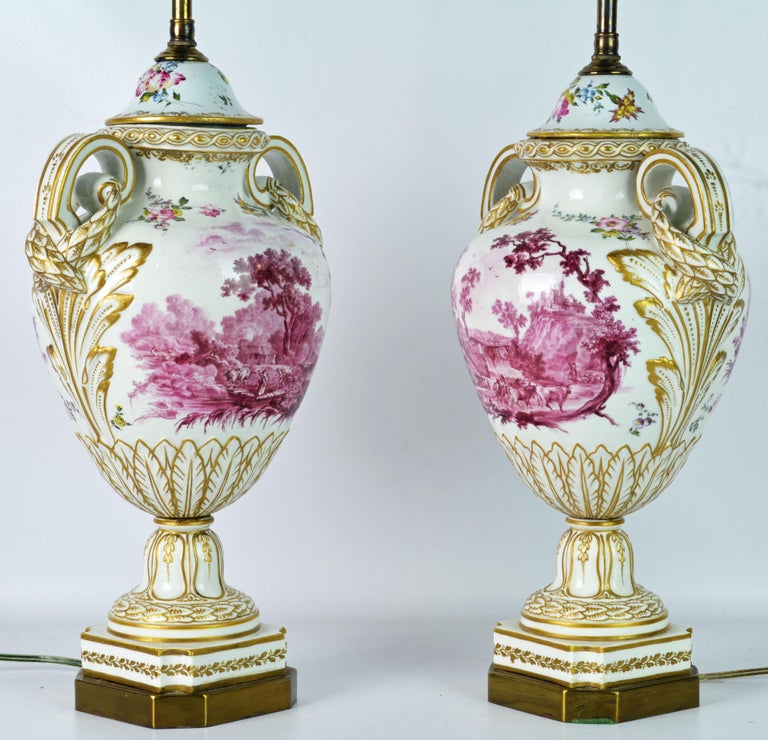 Pair of 19th Century French Old Paris Puce Camaieu Decorated Urns and ...