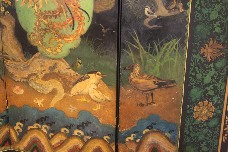 Stuart Travis Art Deco Painted Asian Style Folding Screen with Bird ...