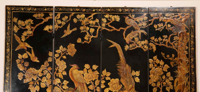 Four Panel Chinese Lacquered Screen Depicting a Phoenix at 1stDibs