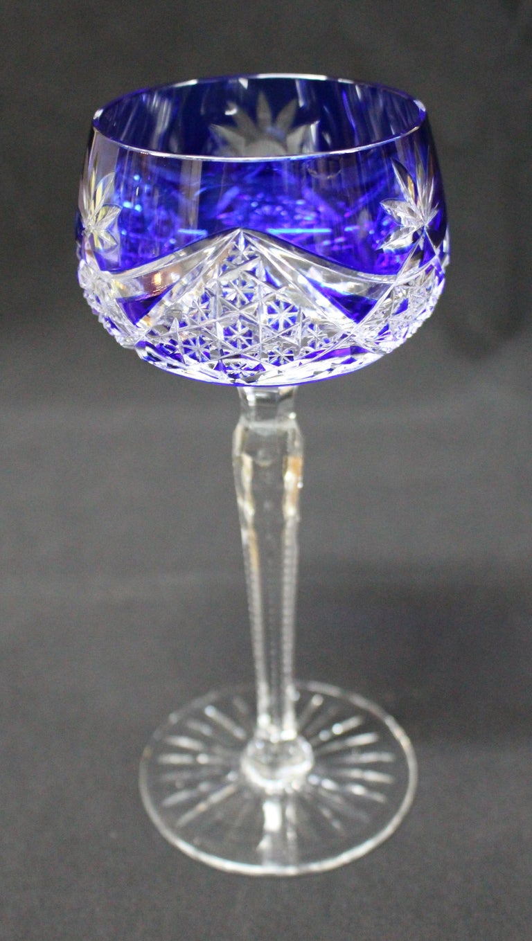 Set of Six Blue Overlay Crystal Hock Wine Glasses at 1stDibs