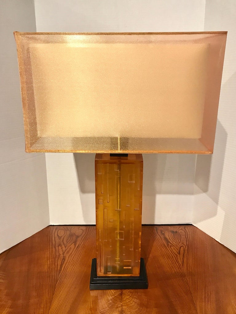 Pair of Cityscape Citrine Lucite Lamps with Custom Shades For Sale at ...