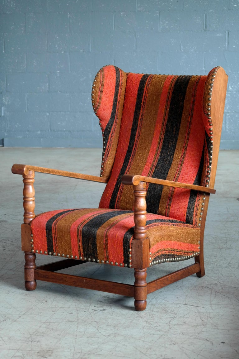 Danish 1930s Midcentury Country Style Wingback Armchair in Solid Oak at ...