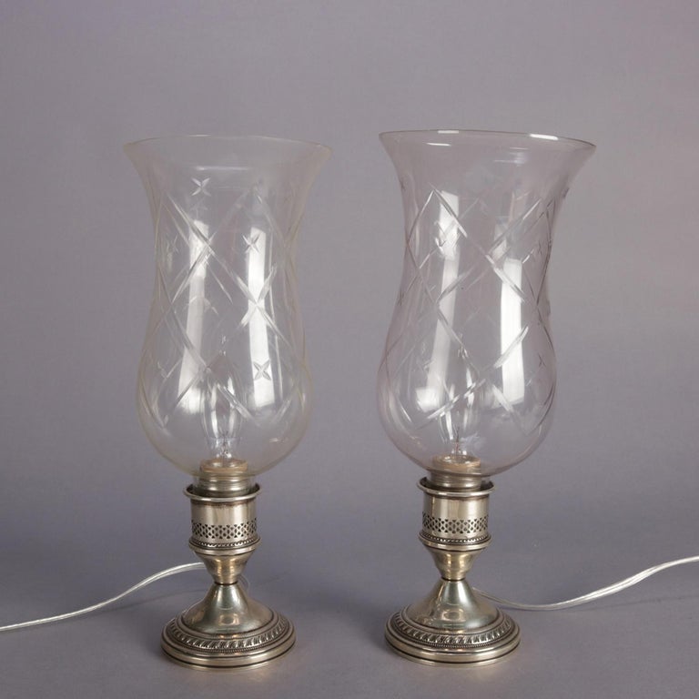 Pair of Crest Silver Co. Sterling Weighted Hurricane Lamps with Etched ...