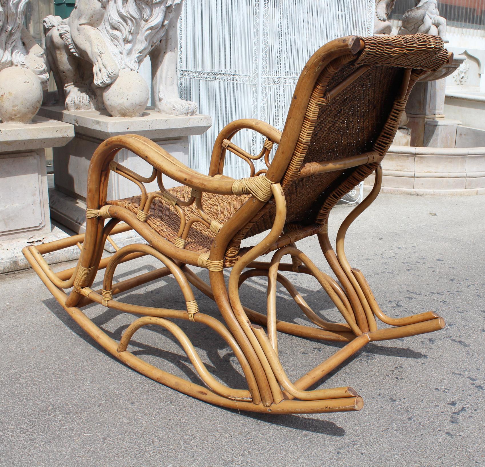 1980s Spanish Bamboo and Laced Wicker Rocking Chair at 1stDibs | 1980s ...