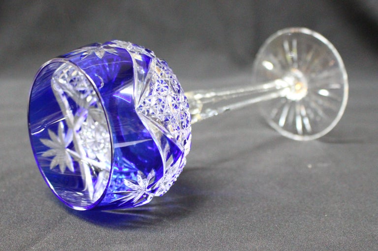 Set Of Six Blue Overlay Crystal Hock Wine Glasses At 1stdibs