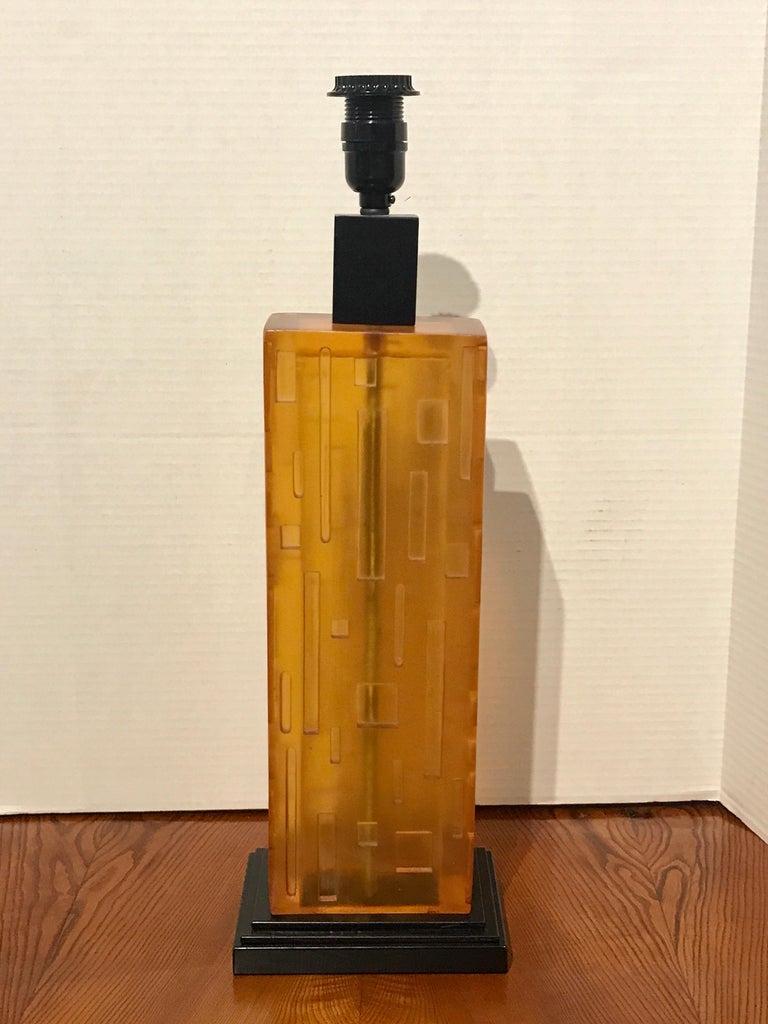 Pair of Cityscape Citrine Lucite Lamps with Custom Shades For Sale at ...