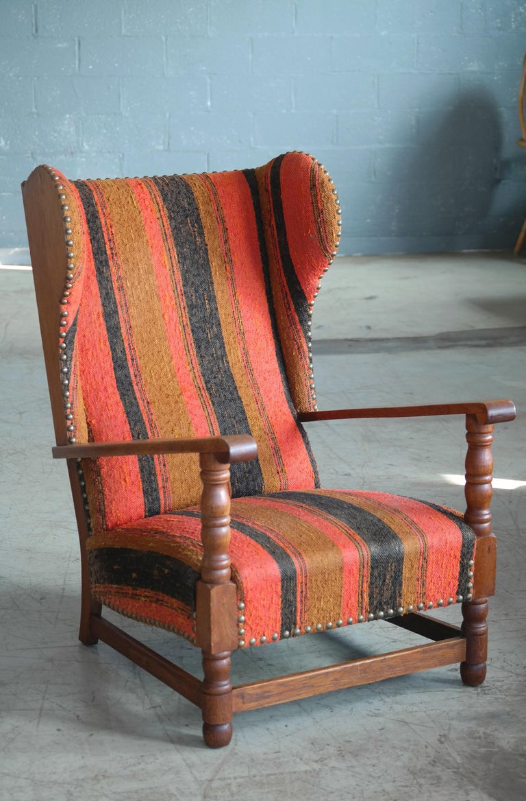 Danish 1930s Midcentury Country Style Wingback Armchair in Solid Oak at ...