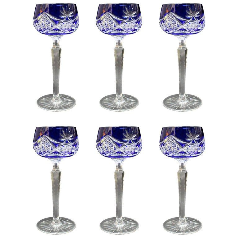 Set of Six Blue Overlay Crystal Hock Wine Glasses at 1stDibs