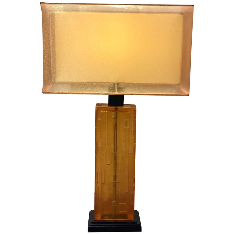 Pair of Cityscape Citrine Lucite Lamps with Custom Shades For Sale at ...