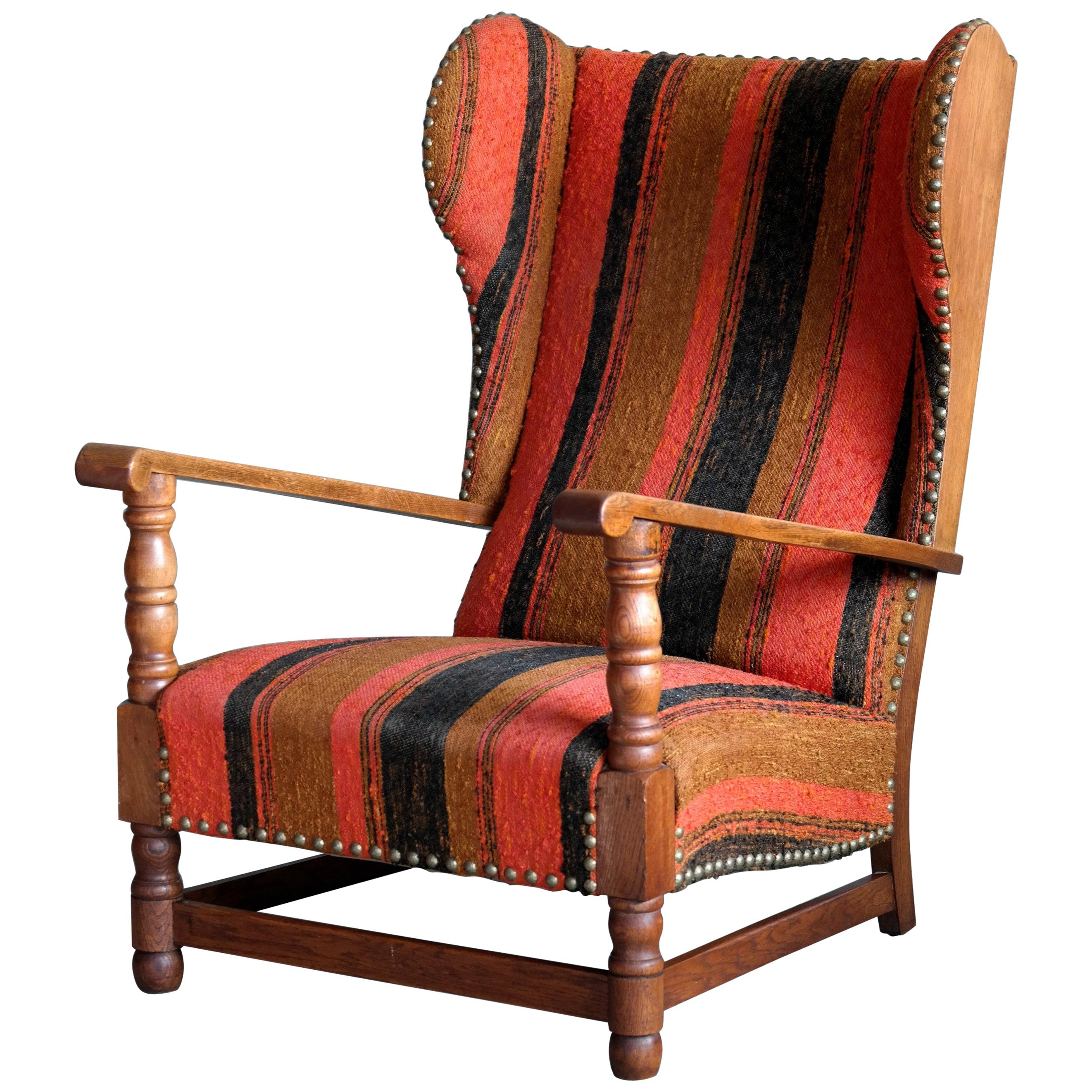 Danish 1930s Midcentury Country Style Wingback Armchair in Solid Oak at ...